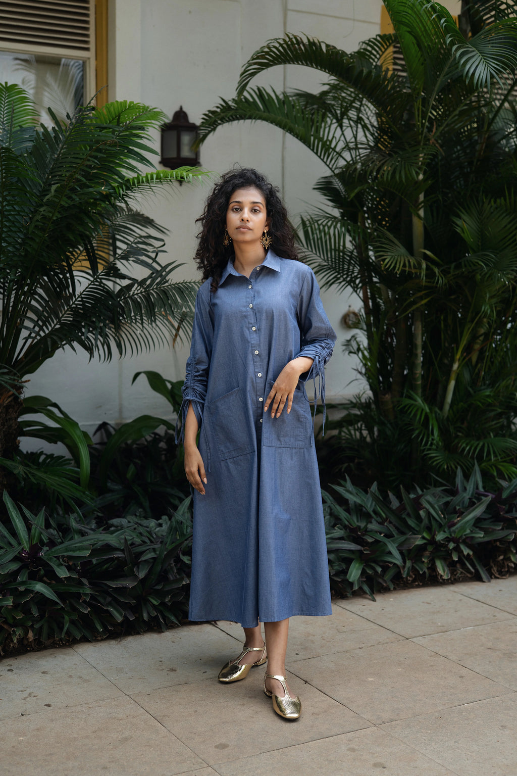 Maria Navy Denim Dress – Elegant & Flowy Casual Style | Kikli India